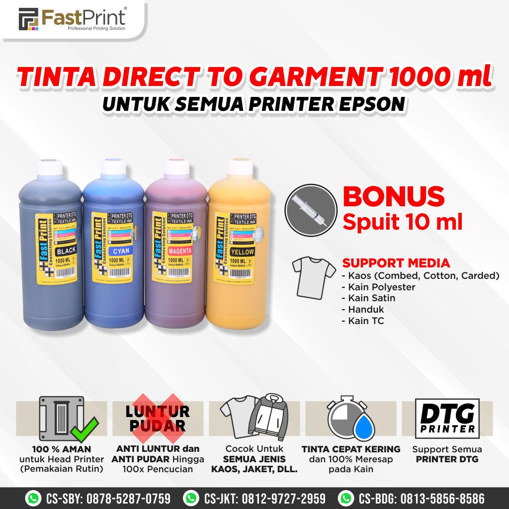 Tinta Textile Printer DTG 1 Set 4 Warna – Fast Print Indonesia